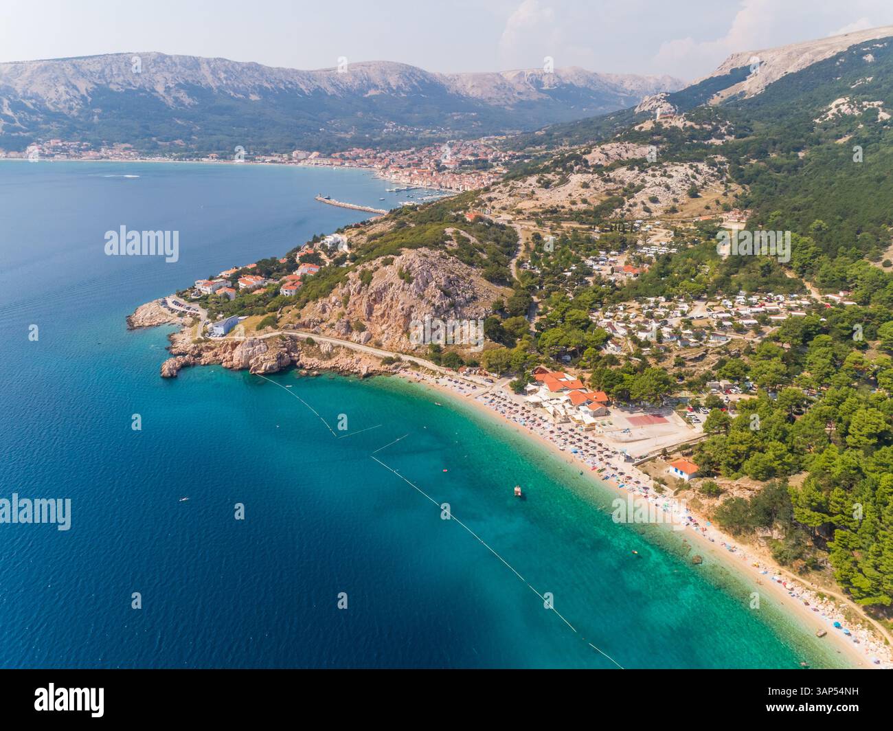 Aerial view of Mali raj naturist beach shore in Baska, Krk island ...
