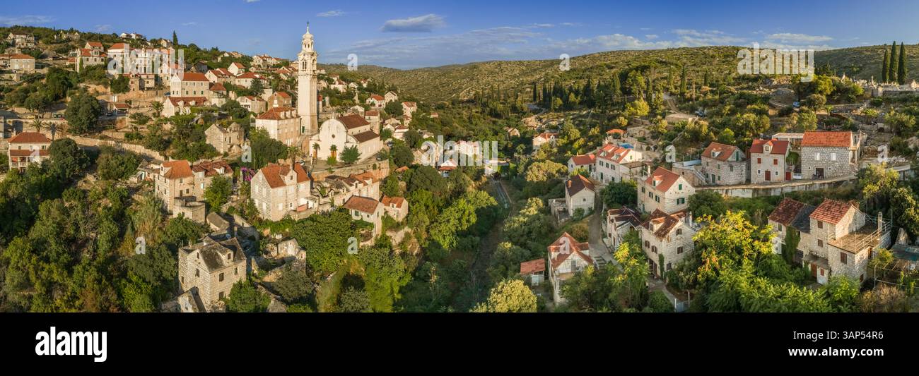 Aerial panoramic view of traditional dalmatian village of Lozisca, Brac ...