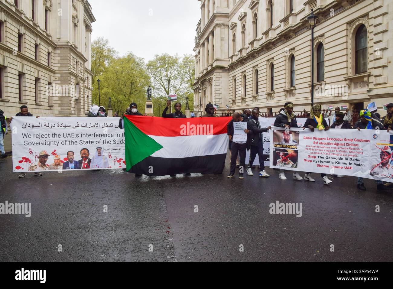 London, UK. 15th April 2025. Protesters opposed to the Rapid Support ...