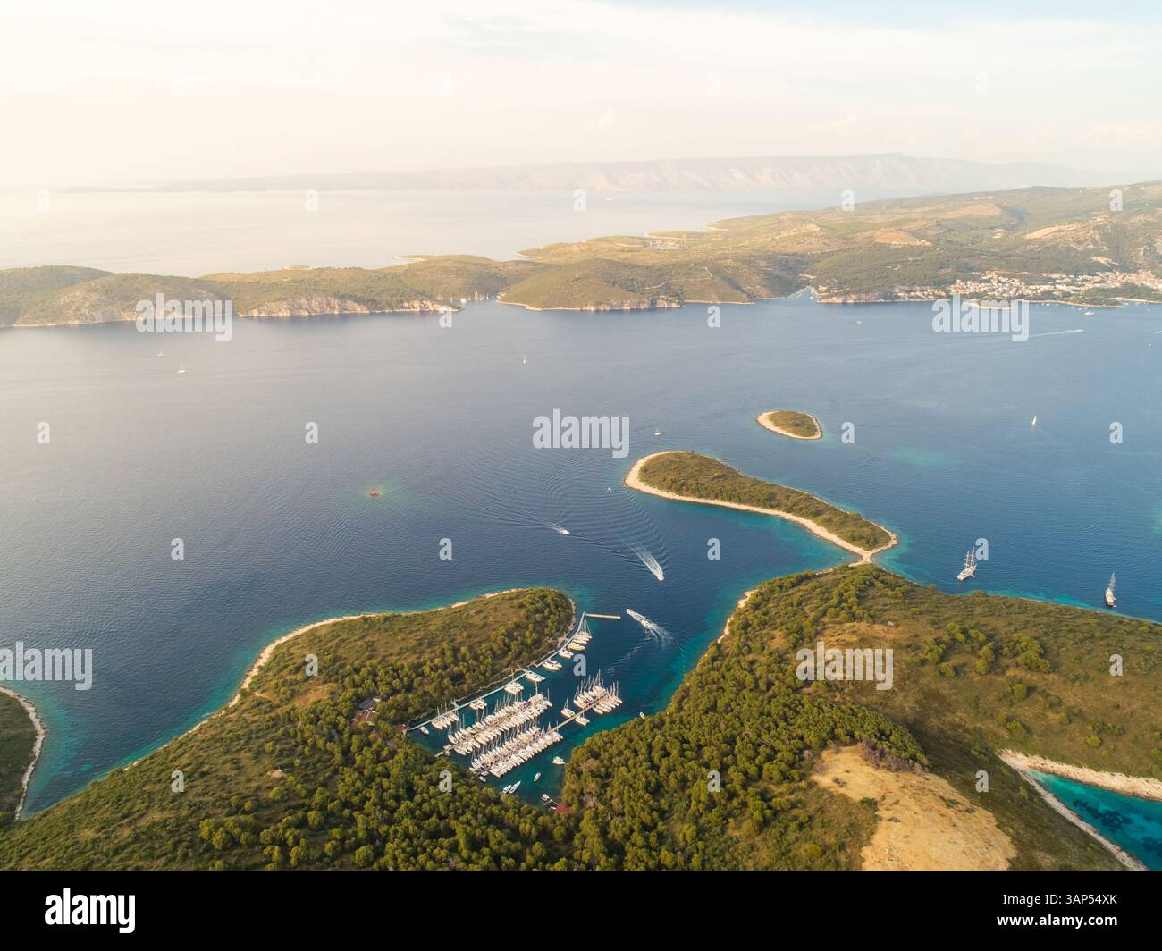Aerial view of boat anchored at Marina Palmizana bay, Croatia Stock ...