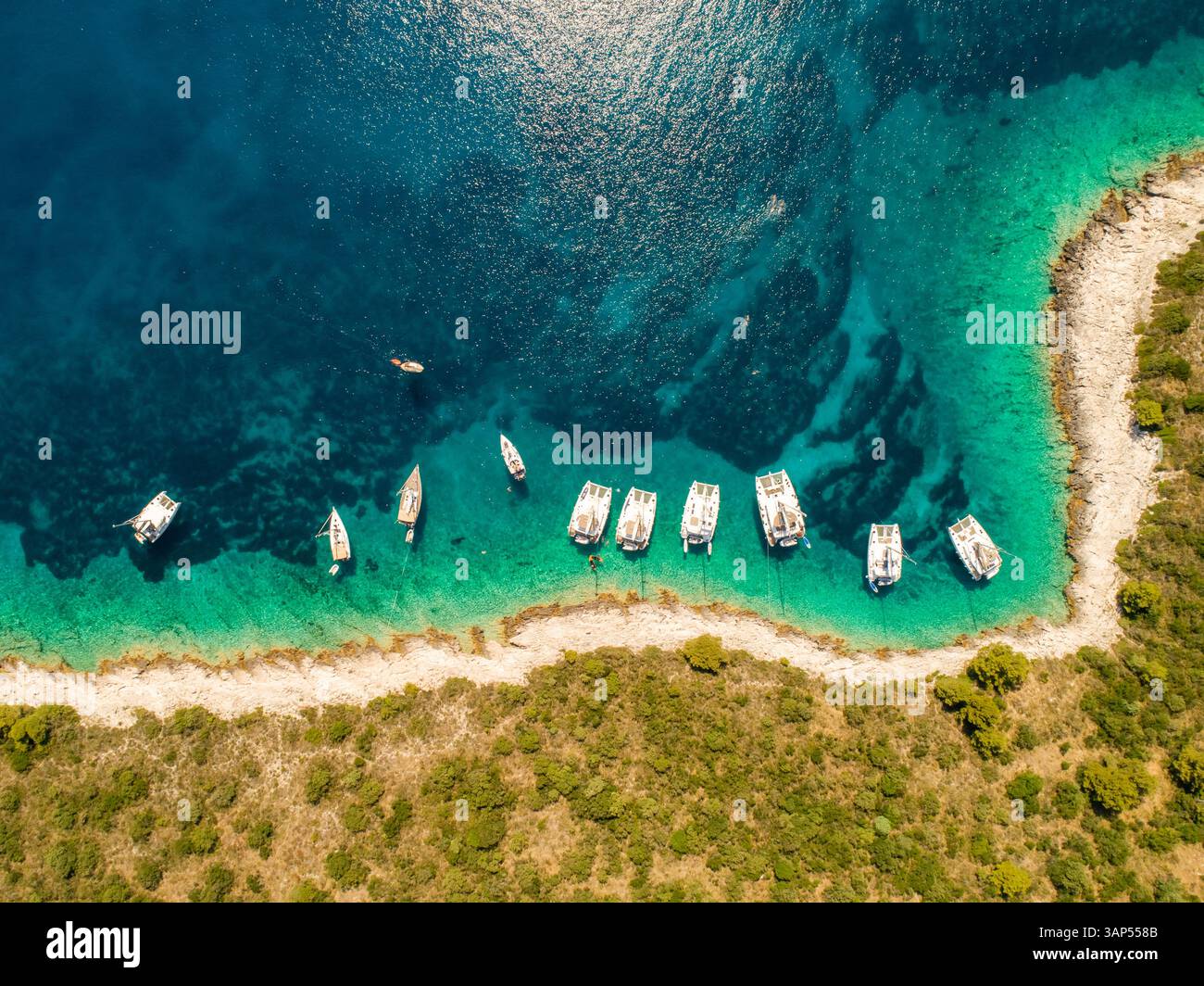 Aerial view of luxury yachts in bay off Hvar island, Croatia Stock ...