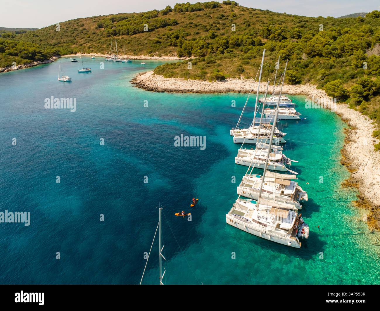 Aerial view of luxury yachts in bay off Hvar island, Croatia Stock ...
