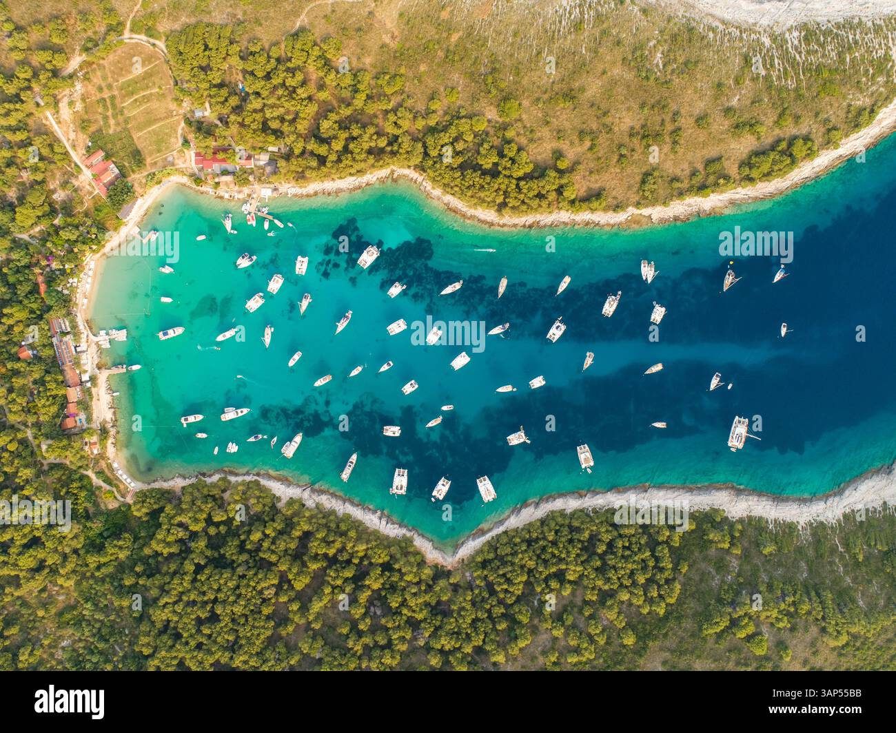 Aerial view of many luxury boats anchored in Palmizana bay, Hvar island ...