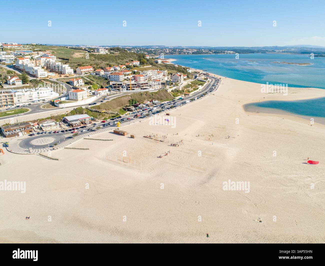 Aerial view of Praia da Foz do Arelho with white sand on the beach ...