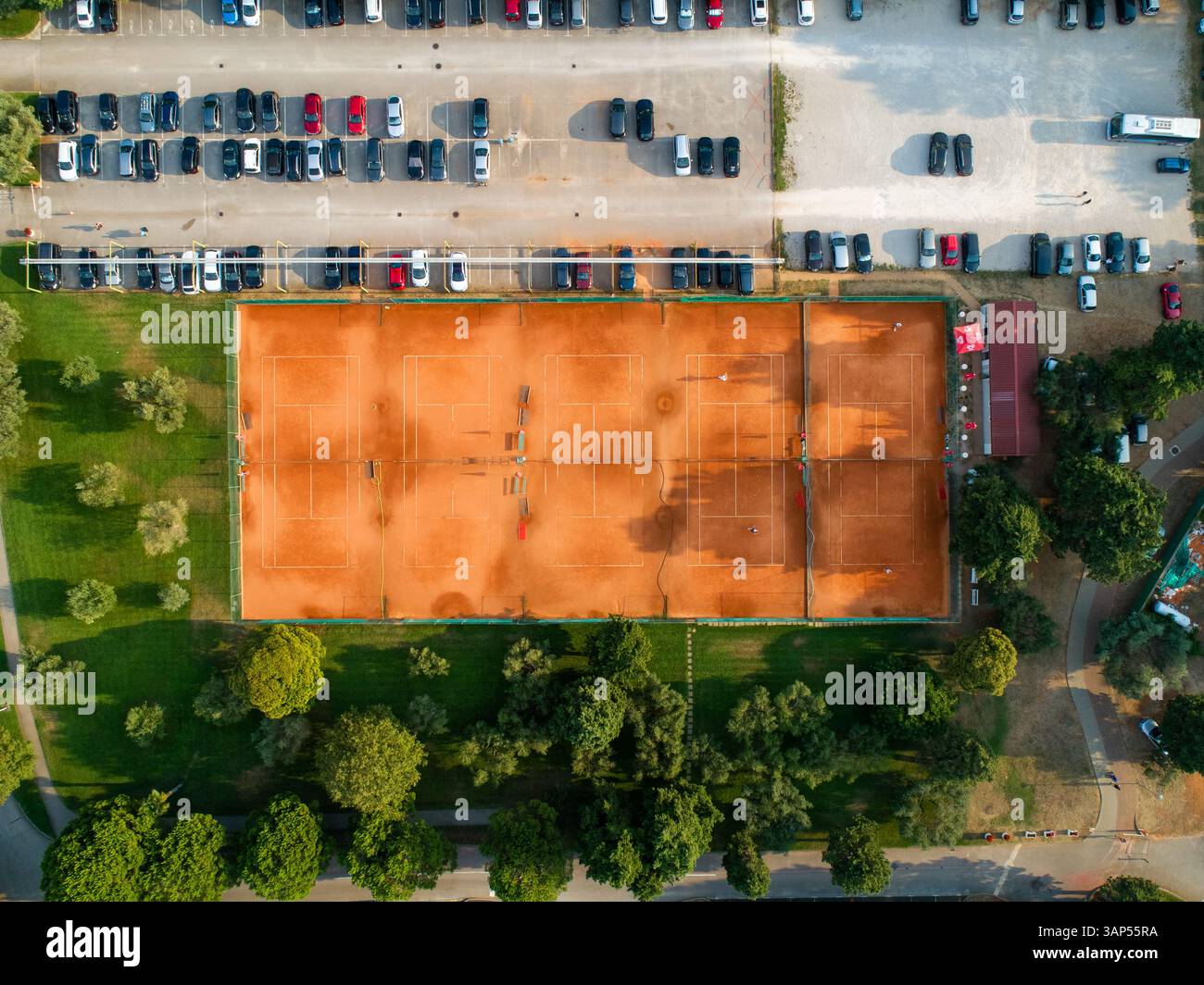 Aerial view above empty tennis courtyard at Umag, Croatia Stock Photo ...