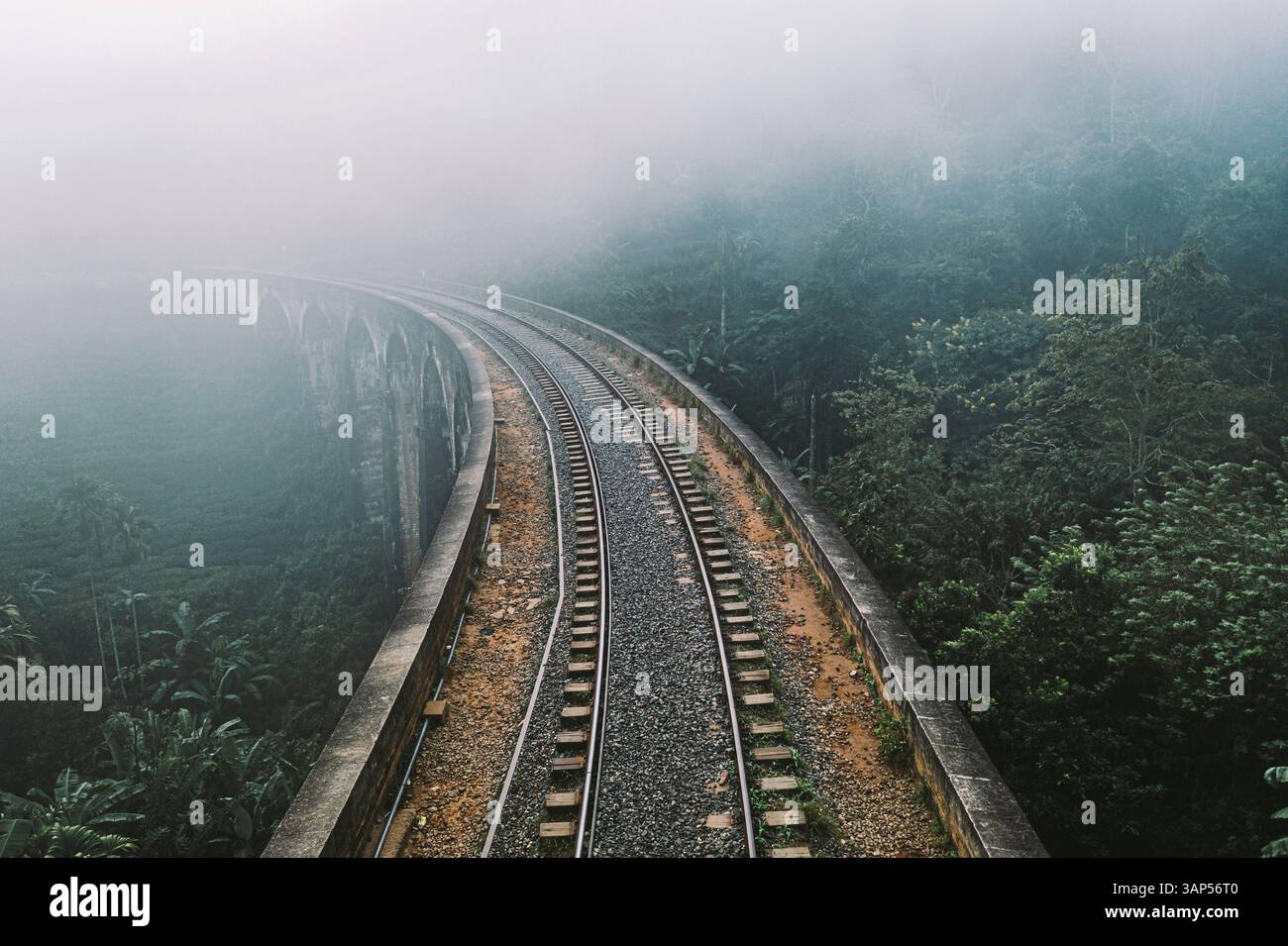 Aerial view of famous Nine arch railway bridge going through green ...