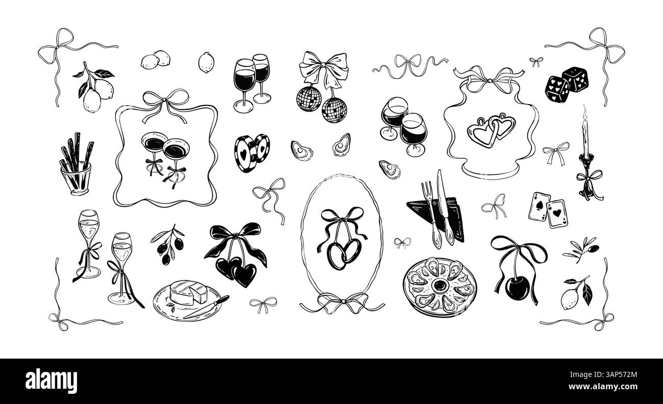 Bachelorette dinner party cute line doodle design elements set. Cherry ...