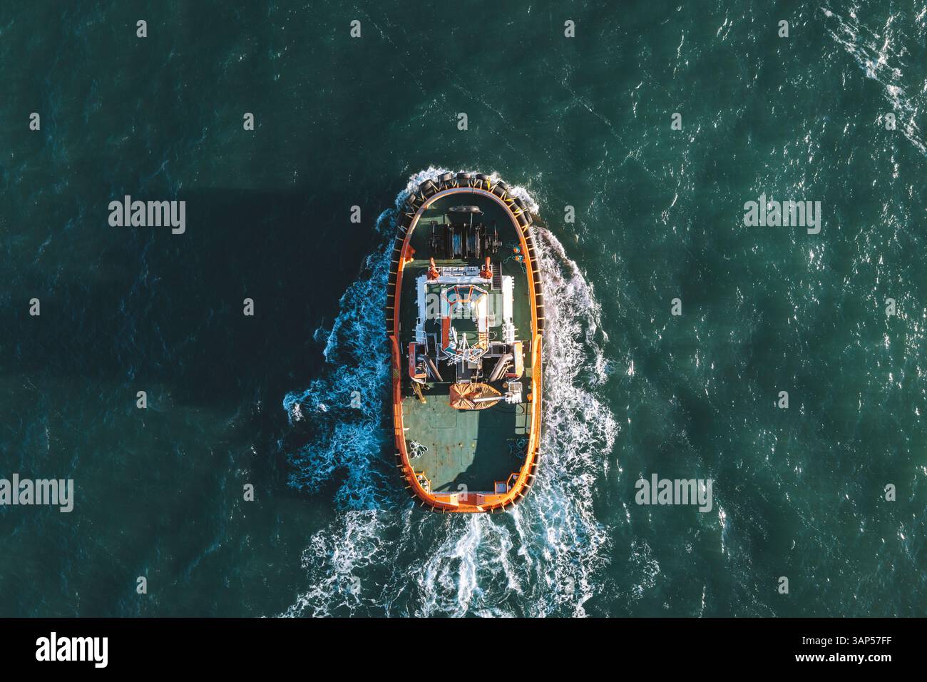 Aerial top down view of pilot boat sailing in Mediterranean Sea near ...