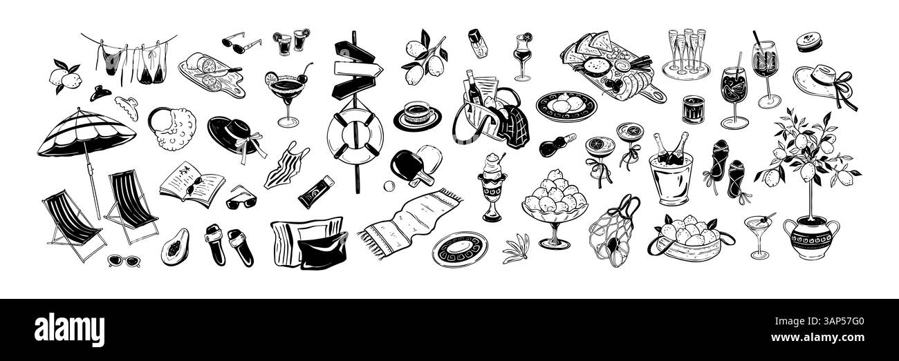 Hand drawn doodle summer vacation aethetic design elements. Sea beach ...