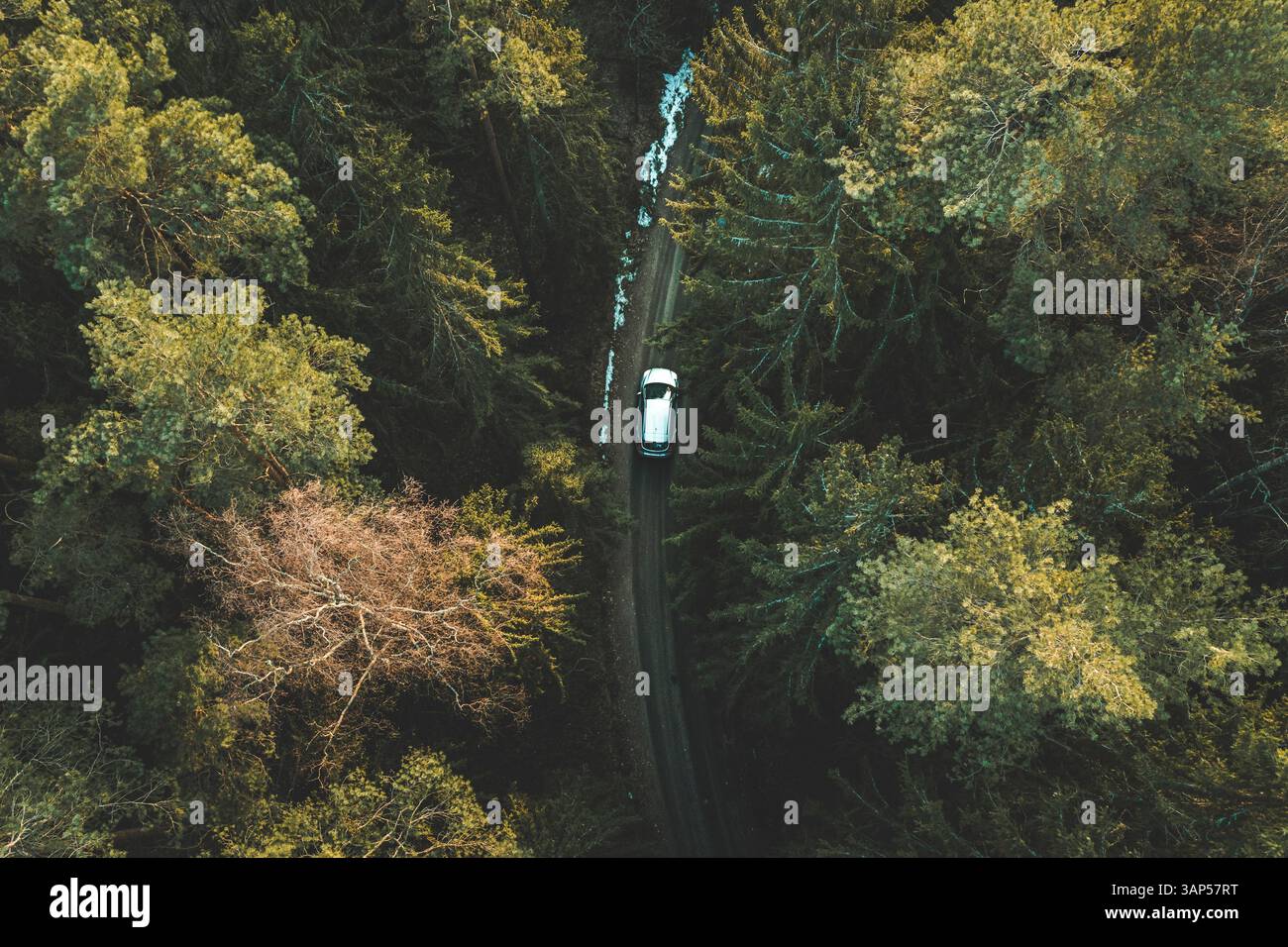 Aerial top down view of silver car driving in off-road way in the ...