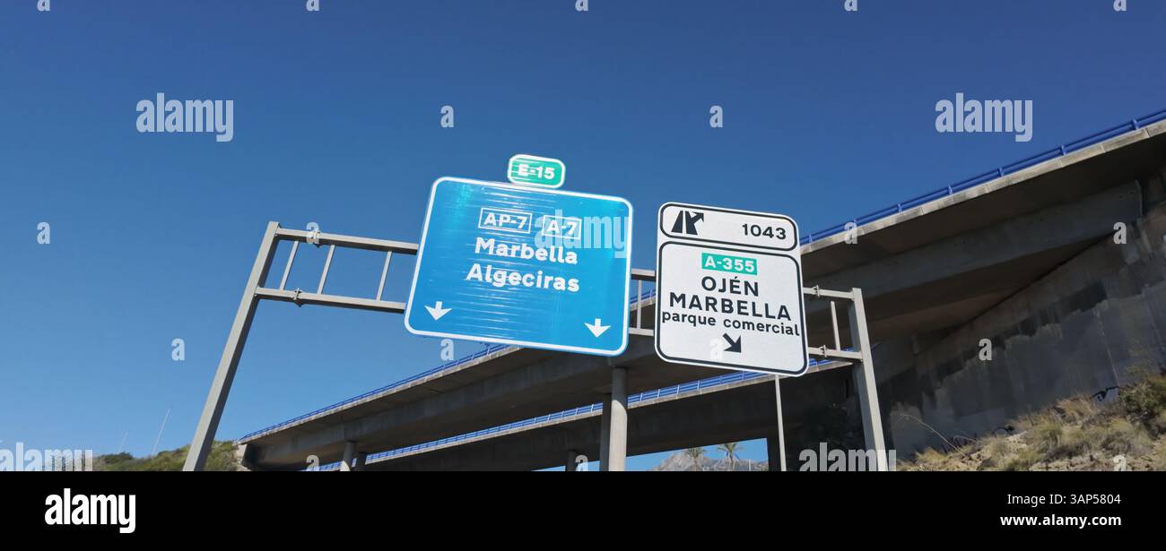 Road signs indicating Marbella, Algeciras and Ojen near a highway ...