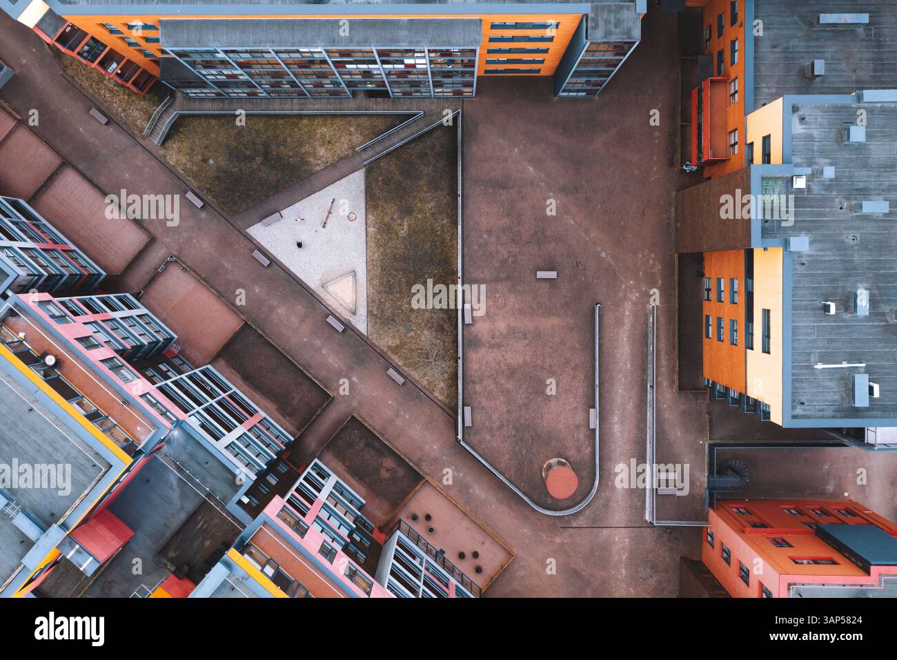 Aerial top down view of inside yard between apartment buildings in ...