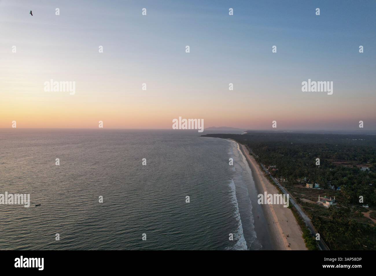 Aerial view of serene tropical beach with golden sunset colors and lush ...