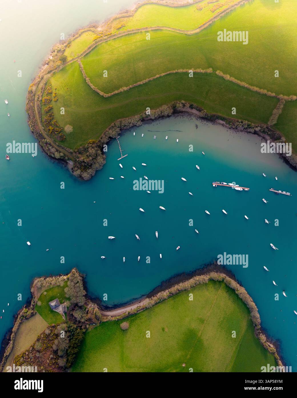Aerial view of Salcombe Harbour with Snapes Point and White boats ...