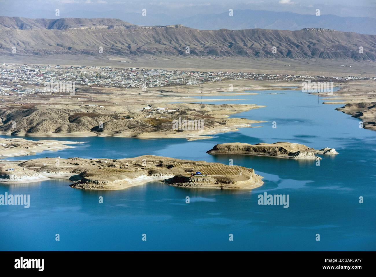 Aerial view of the serene and beautiful Sulak River winding through the ...