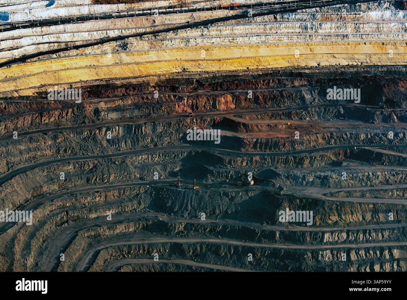 Aerial view of an industrial pit mine showcasing layers and textures of ...