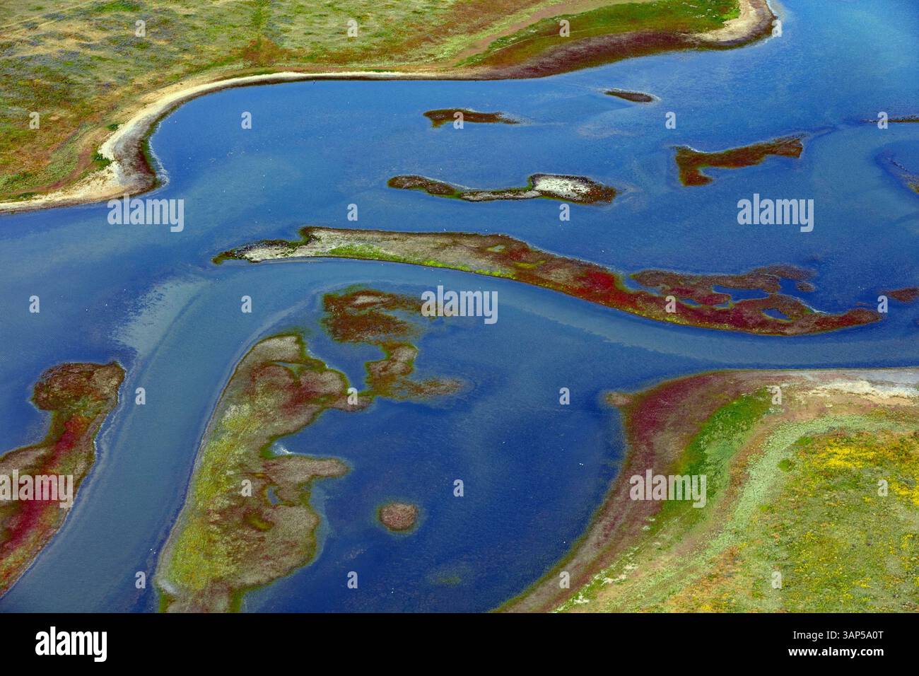 Aerial view of serene Lake Manych Gudilois with meandering waterways ...