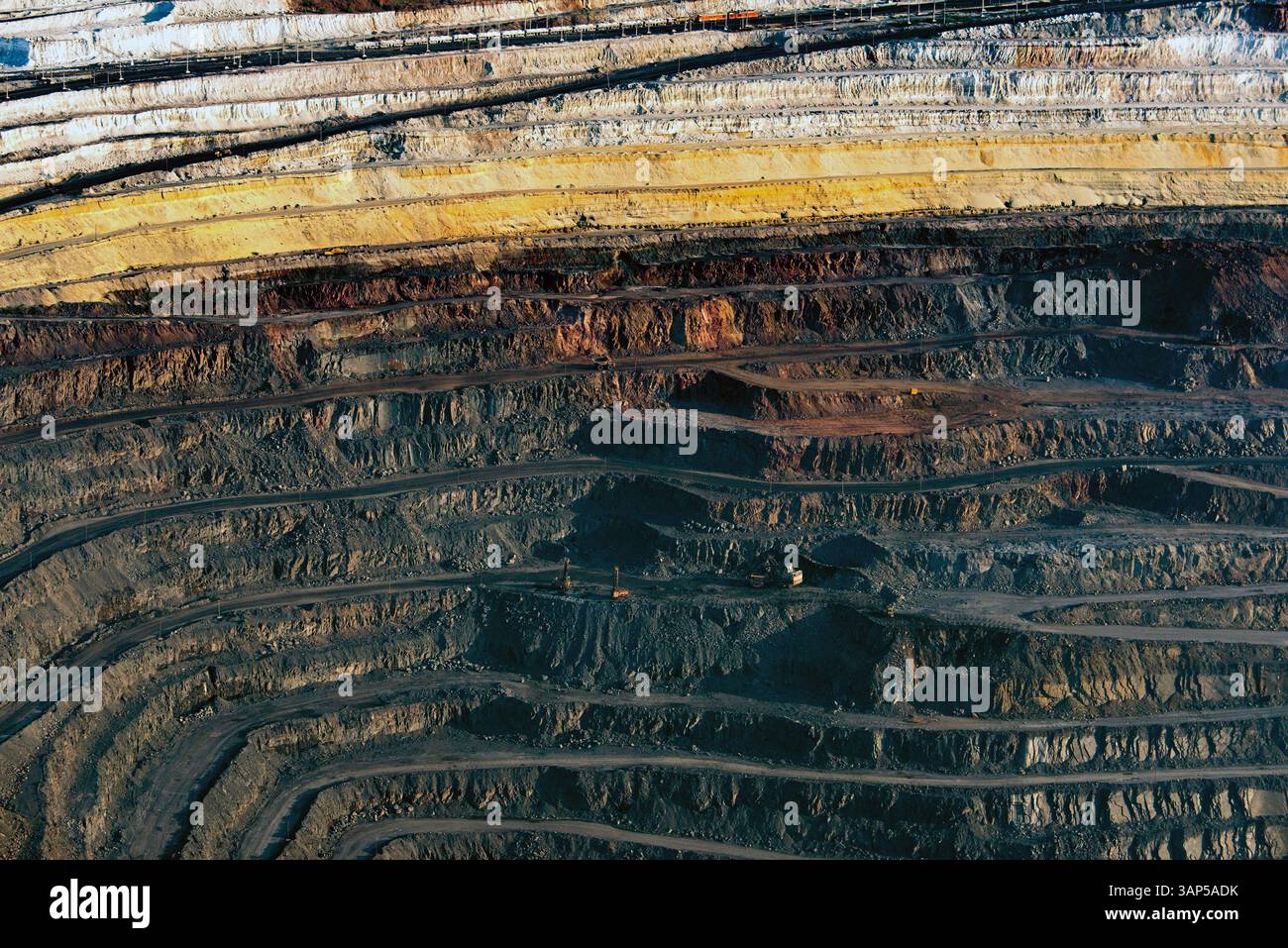 Aerial view of open pit mine with layers of terrain and heavy machinery ...