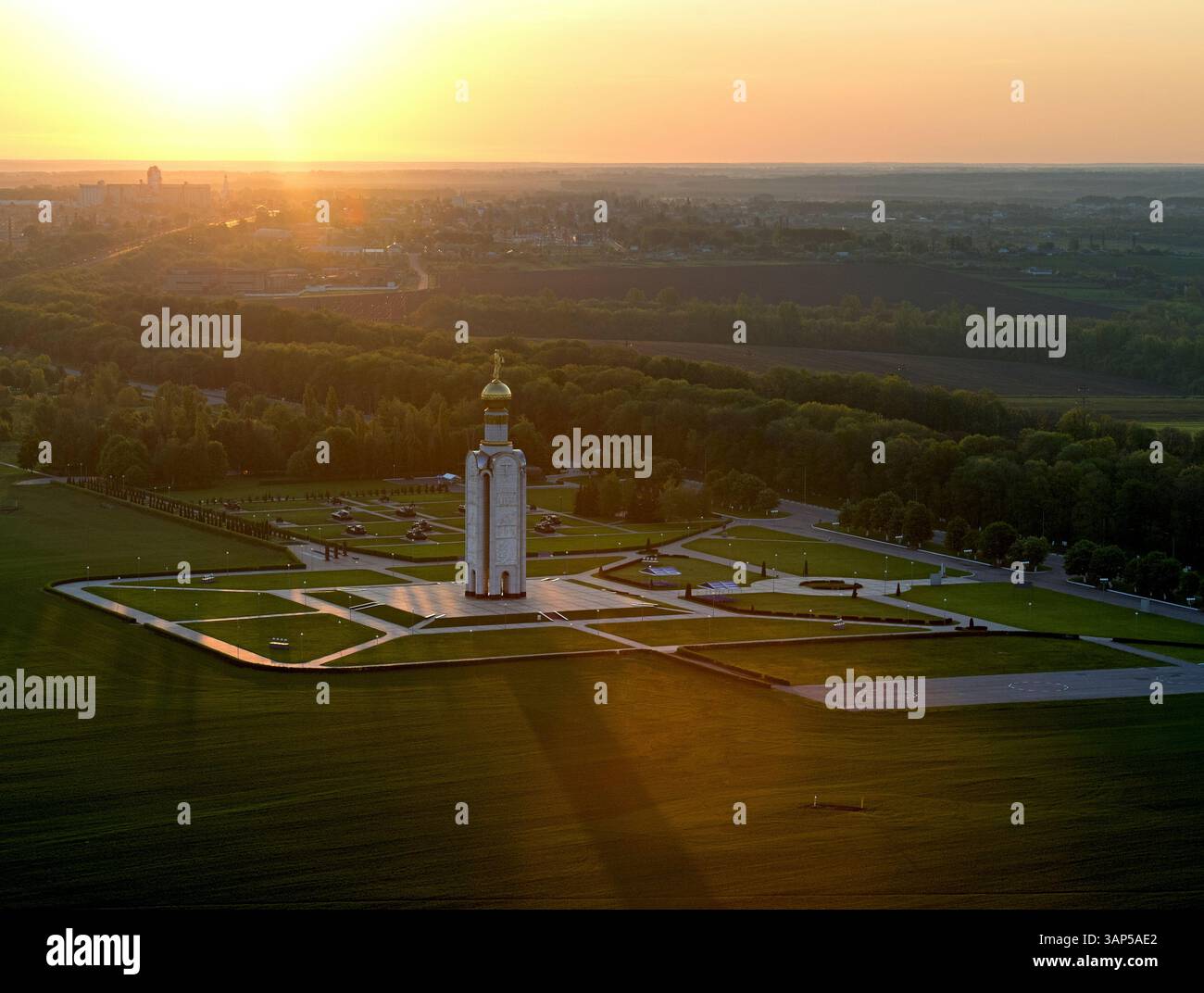 Aerial view of the beautiful memorial of the battle of Kursk surrounded ...