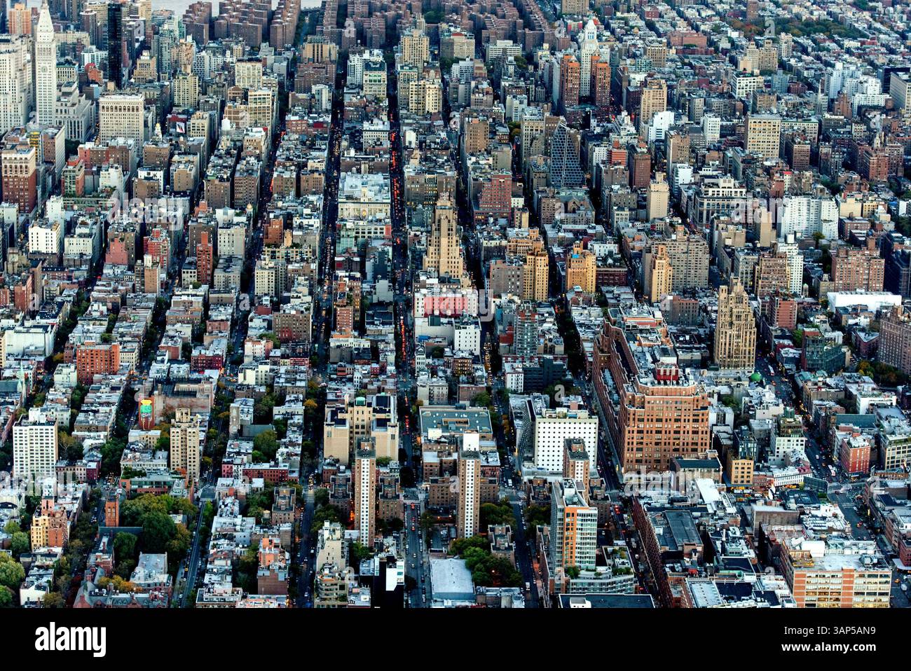 Aerial view of iconic skyscrapers and busy streets in a vibrant urban ...