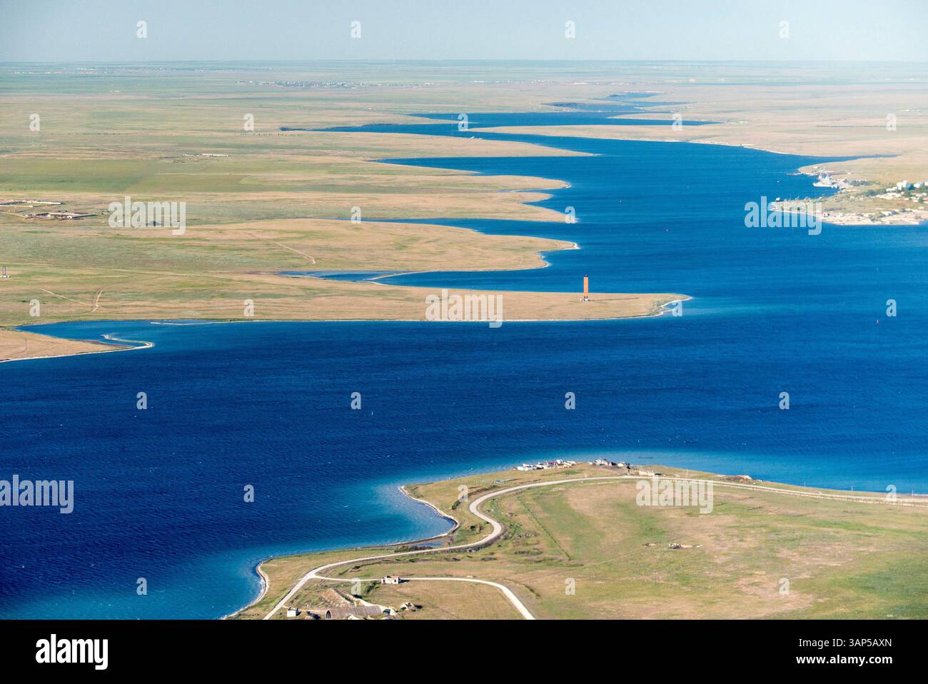 Aerial view of serene Lake Donuzlav with tranquil wetlands and ...