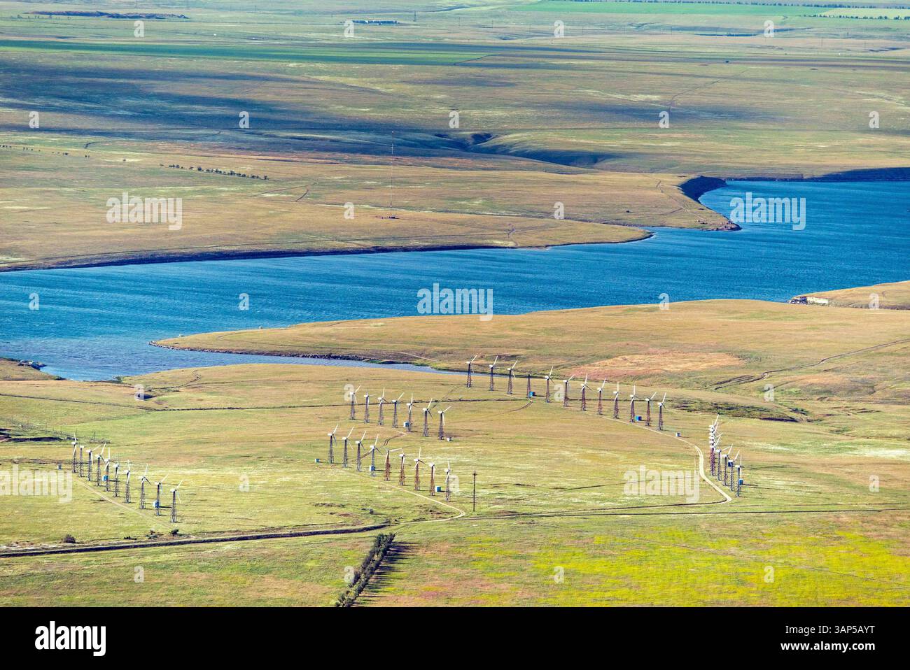 Aerial view of Donuzlav wind power station with wind turbines and ...