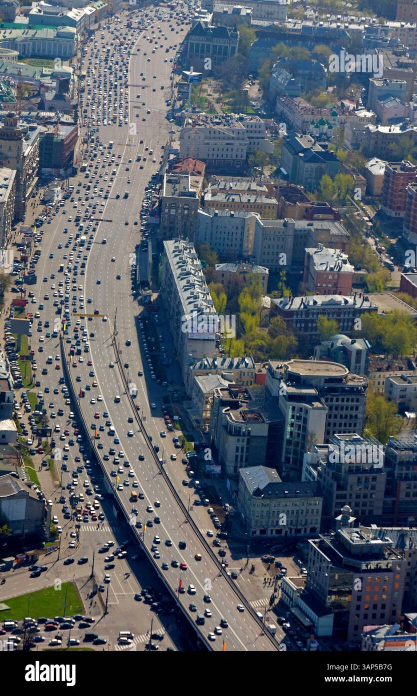 Aerial view of bustling downtown Moscow with skyscrapers and busy ...