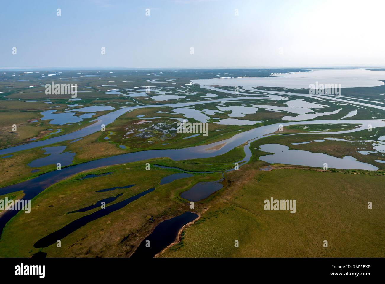 Aerial view of a beautiful wetland with a meandering river at sunset ...