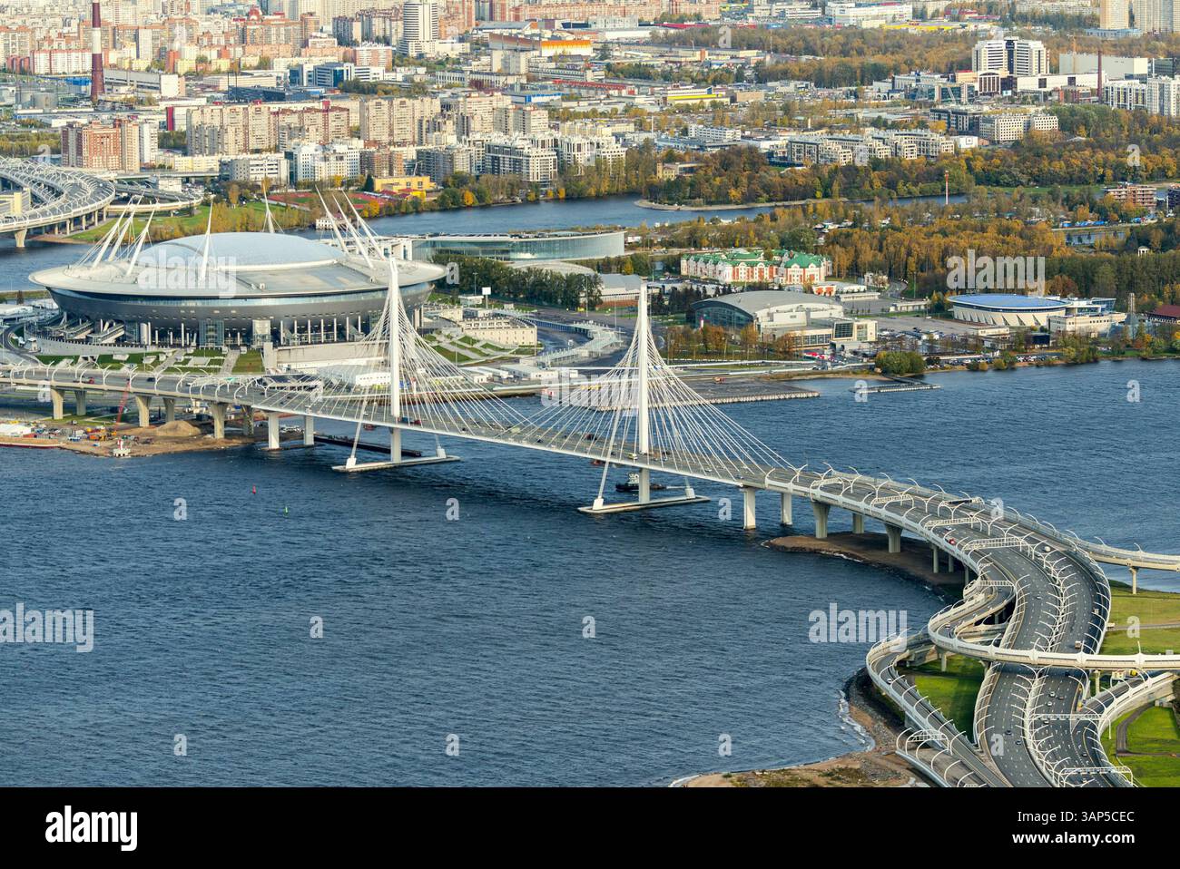 Aerial view of the cable stayed bridge over the mouth of the Little ...