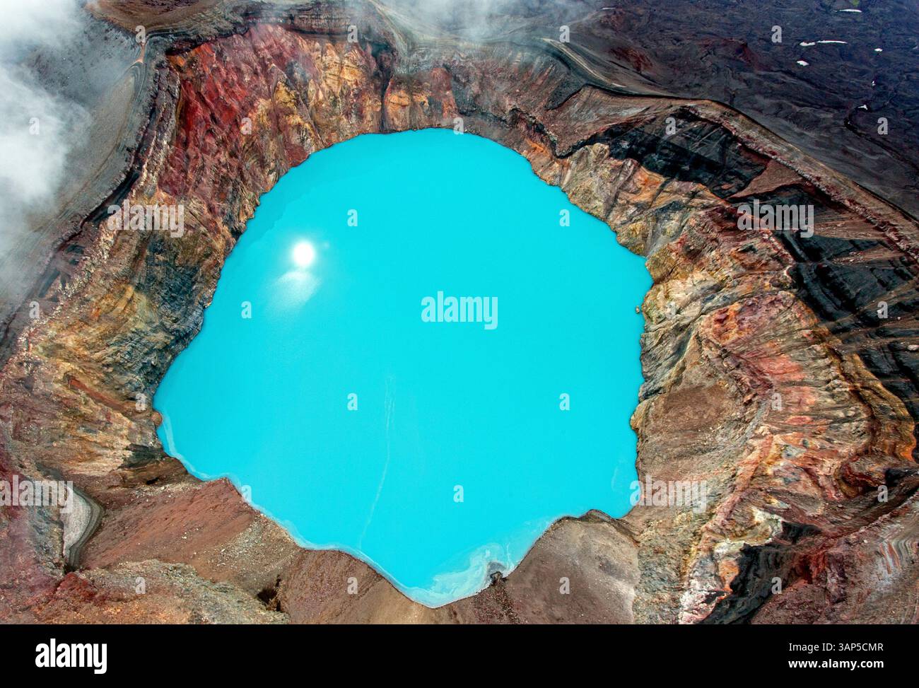 Aerial view of acid lake in the crater of the volcano Maly Semyachik ...