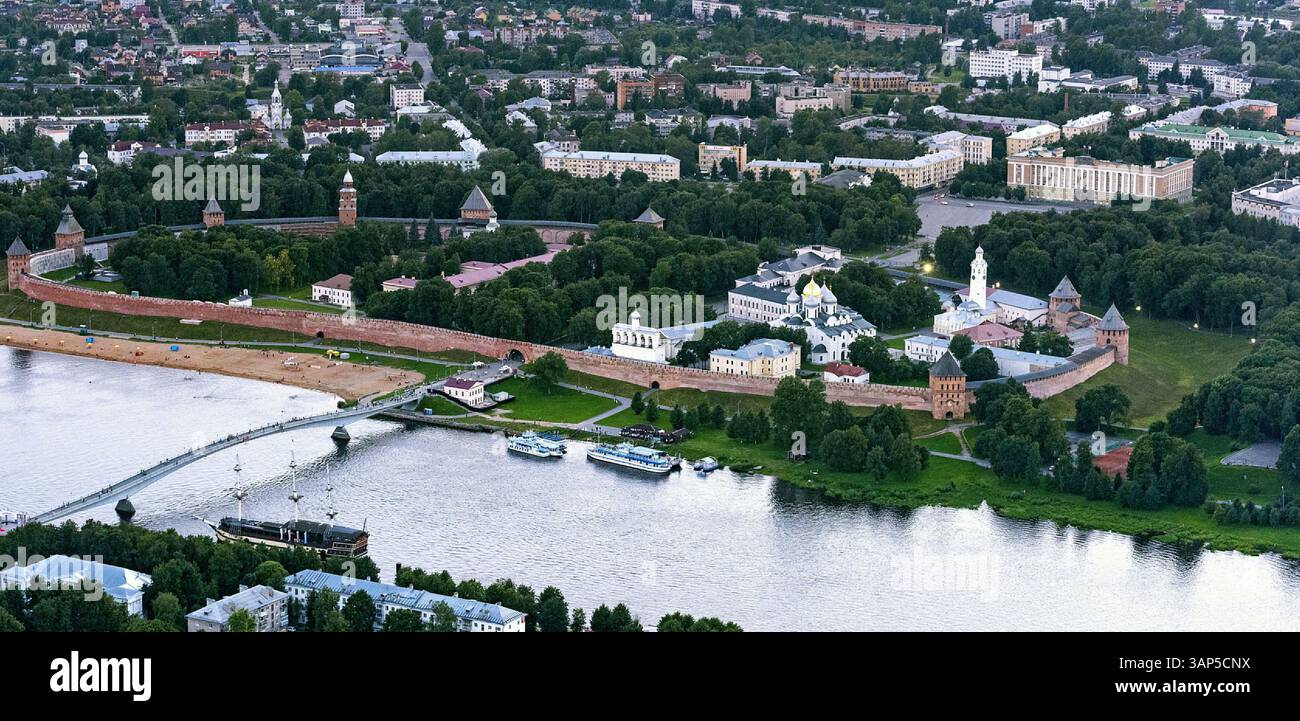 Aerial view of novgorod kremlin with historic architecture and river ...