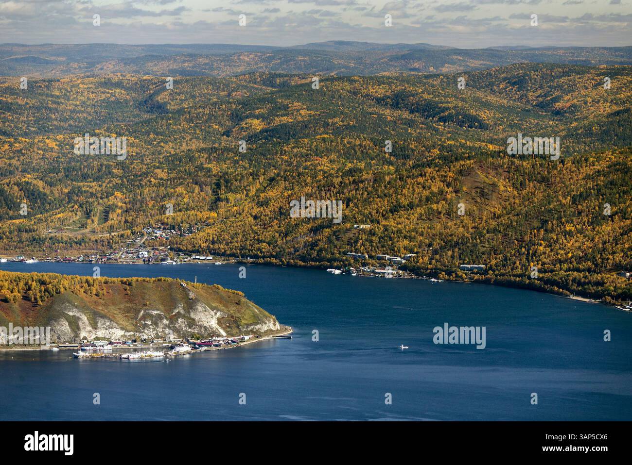 Aerial view of baikal lake and angara river surrounded by serene ...