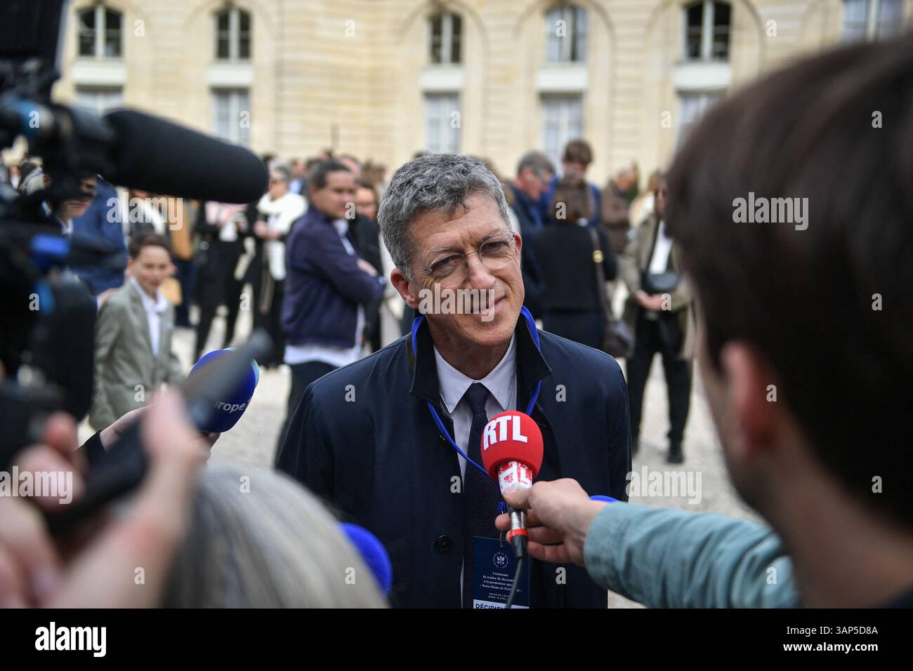 Paris, France. 15th Apr, 2025. Philippe Jost talks to the press as he ...