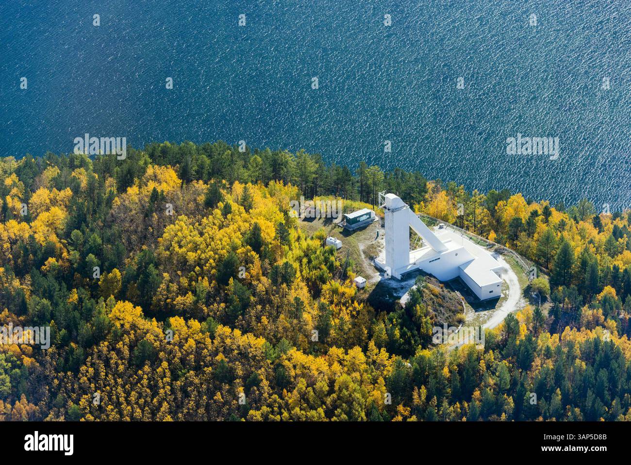 Aerial view of Baikal Lake and Angara River surrounded by autumn ...