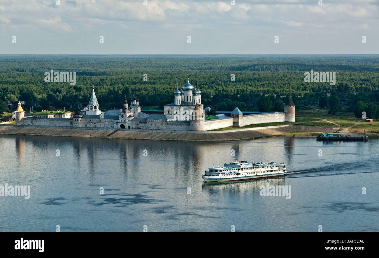 Aerial view of makaryev convent of the holy trinity by the serene river ...