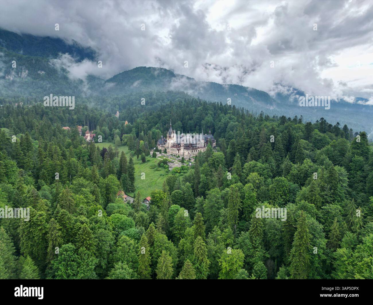 Aerial view of peles castle surrounded by lush forest and majestic ...