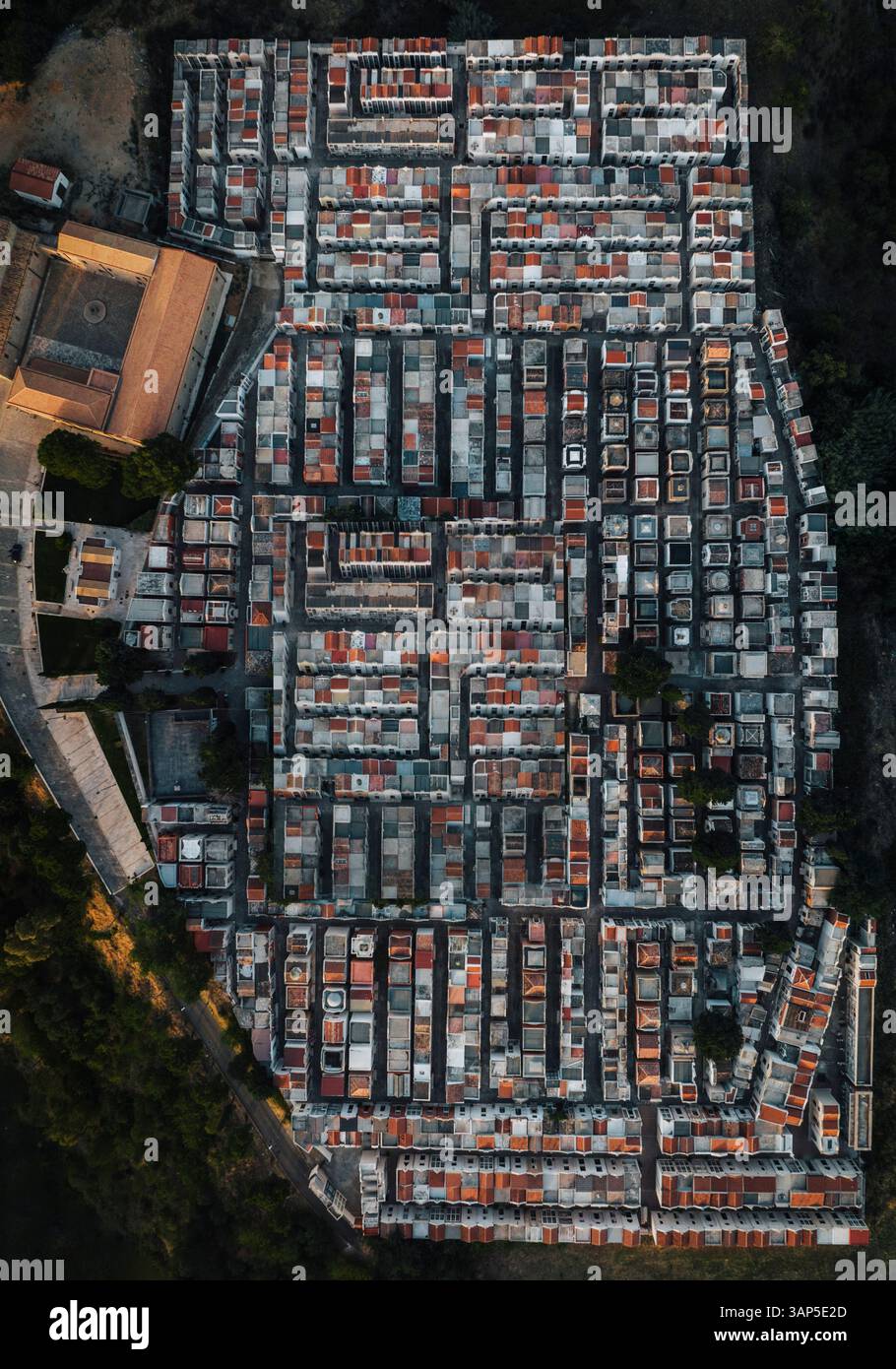 Aerial view of organized tombstones in a beautiful grid pattern ...