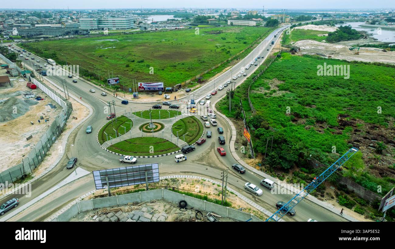 Aerial view of the busy eastern bypass roundabout with modern infrastructure and greenery, Port ...
