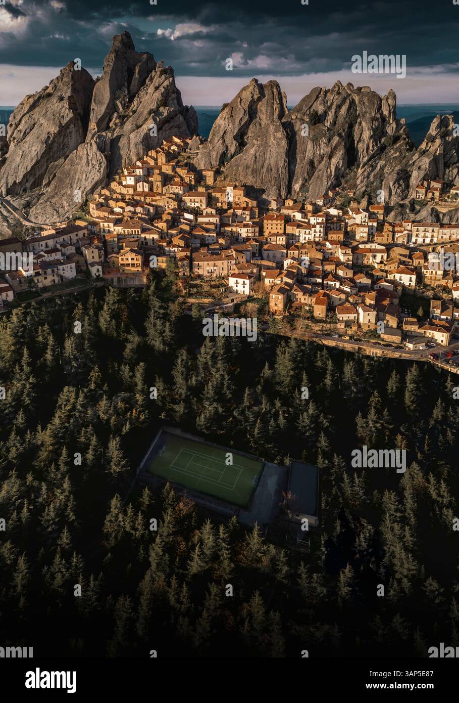 Aerial drone view of the the small ancient village of Pietrapertosa in ...