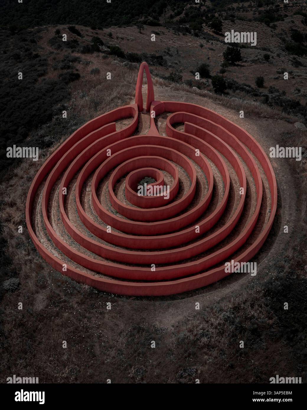 Aerial view of beautiful labyrinth landscape with winding paths and ...