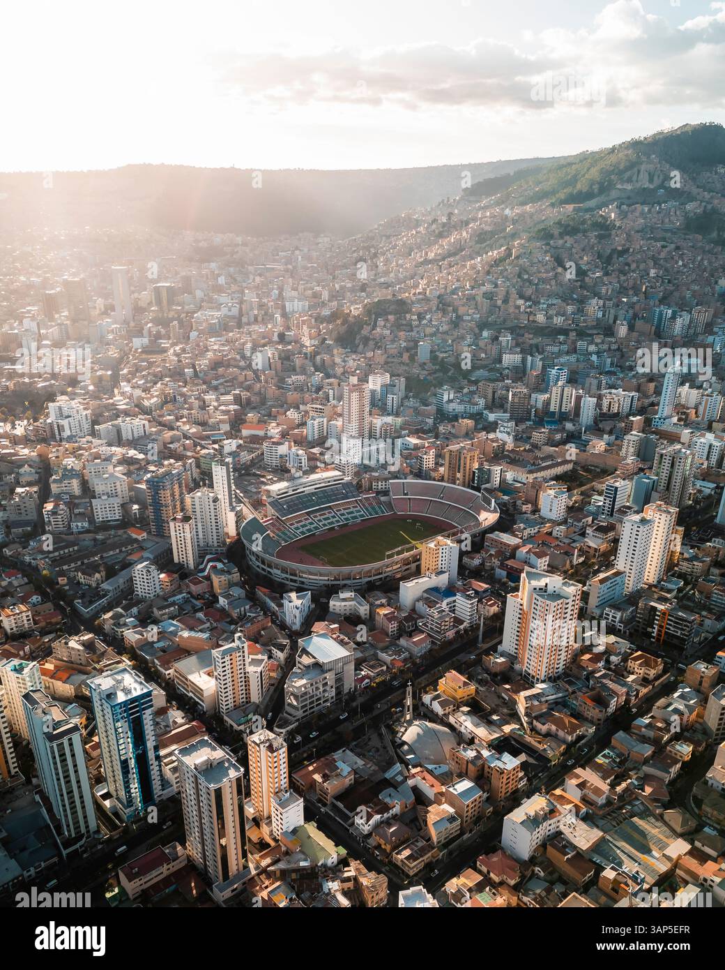 Aerial drone view of the city of La Paz and the football stadium ...