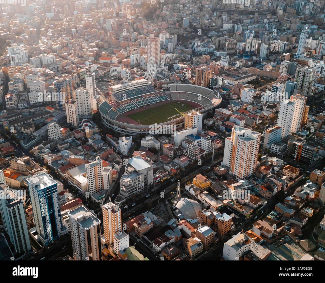 Aerial drone view of the city of La Paz and the football stadium ...
