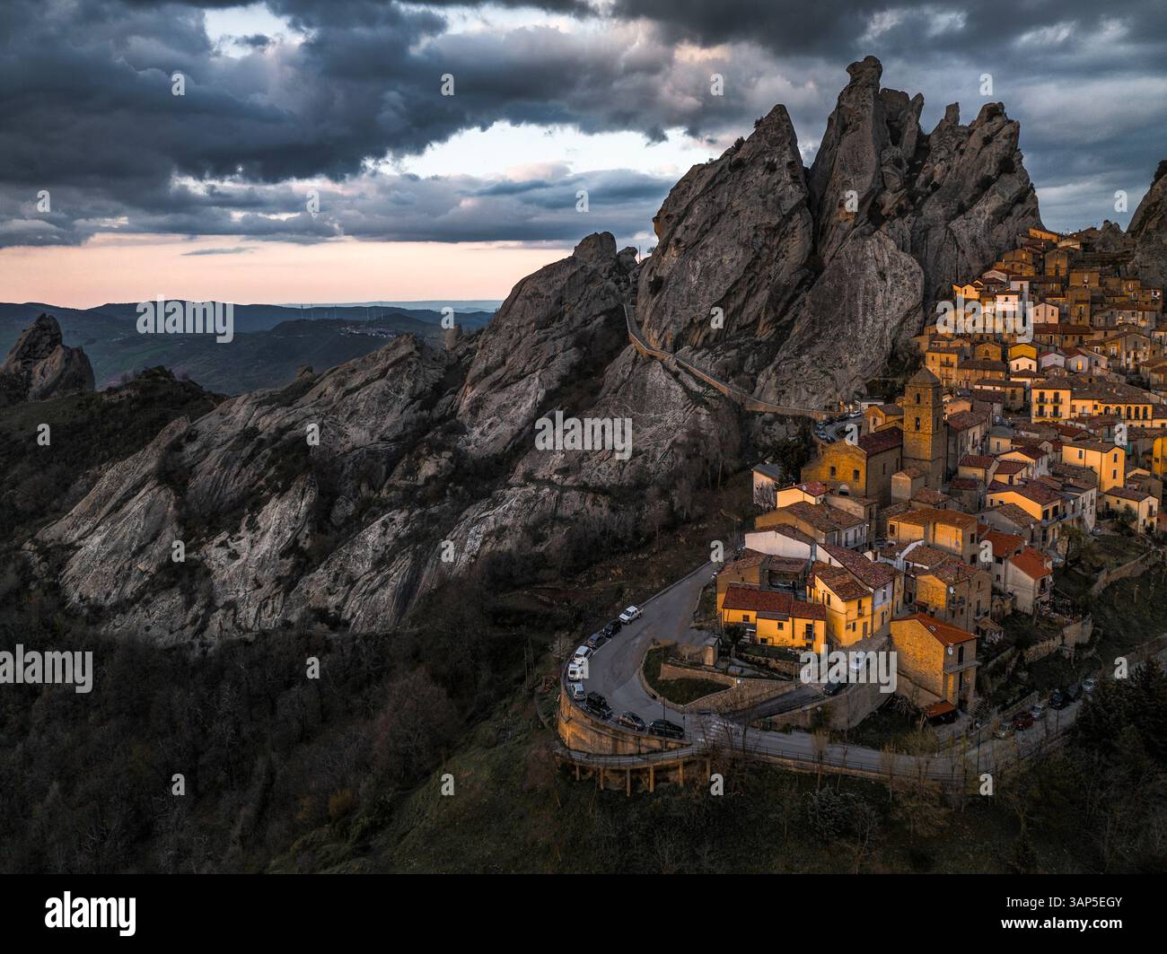 Aerial drone view of the the small ancient village of Pietrapertosa in ...