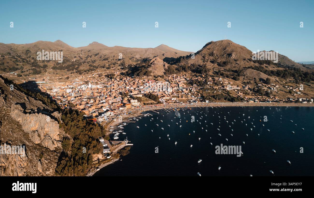 Aerial drone view at sunset of the town of Copacabana along Lake ...