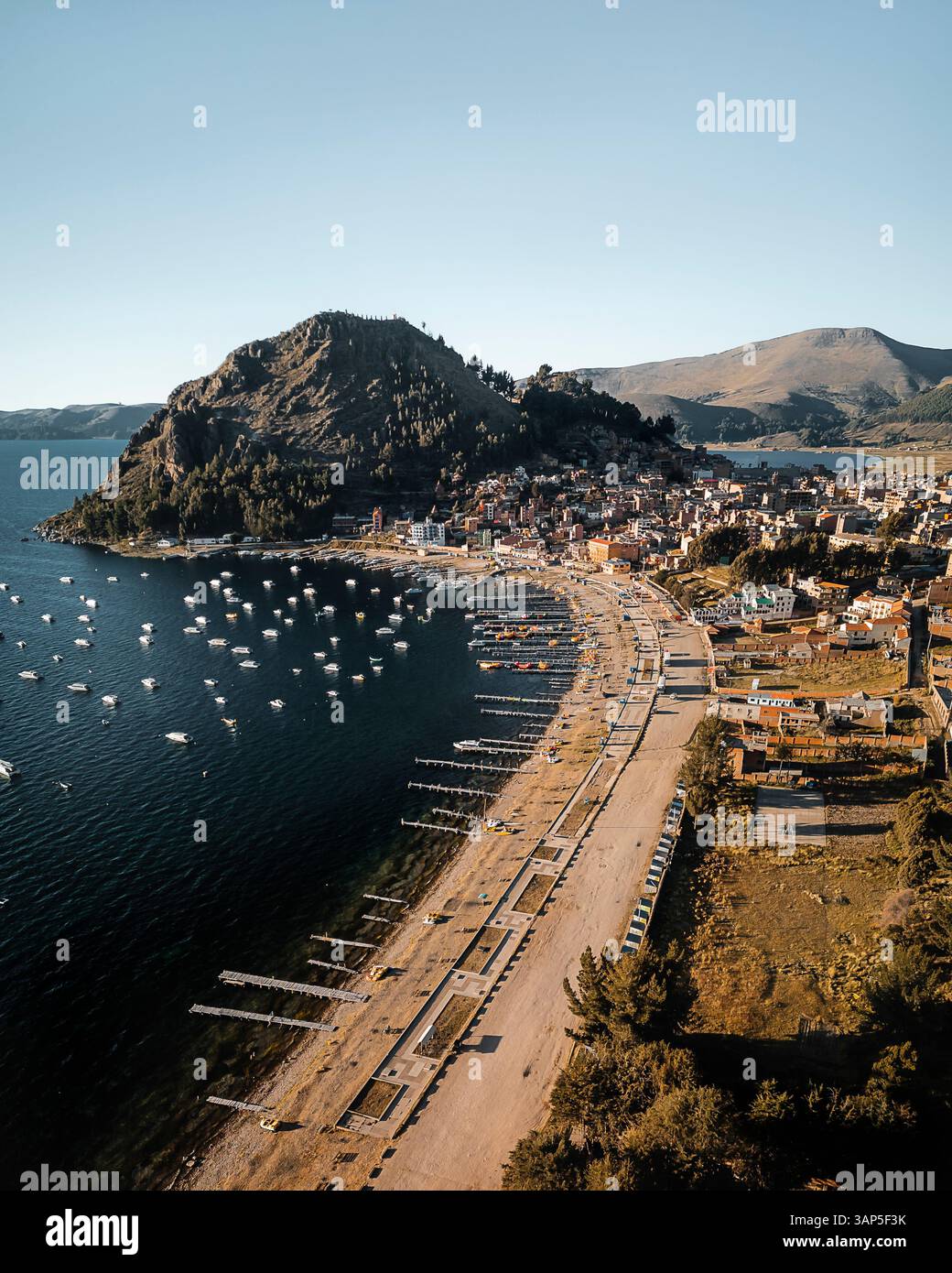 Aerial drone view at sunset of the town of Copacabana along Lake ...