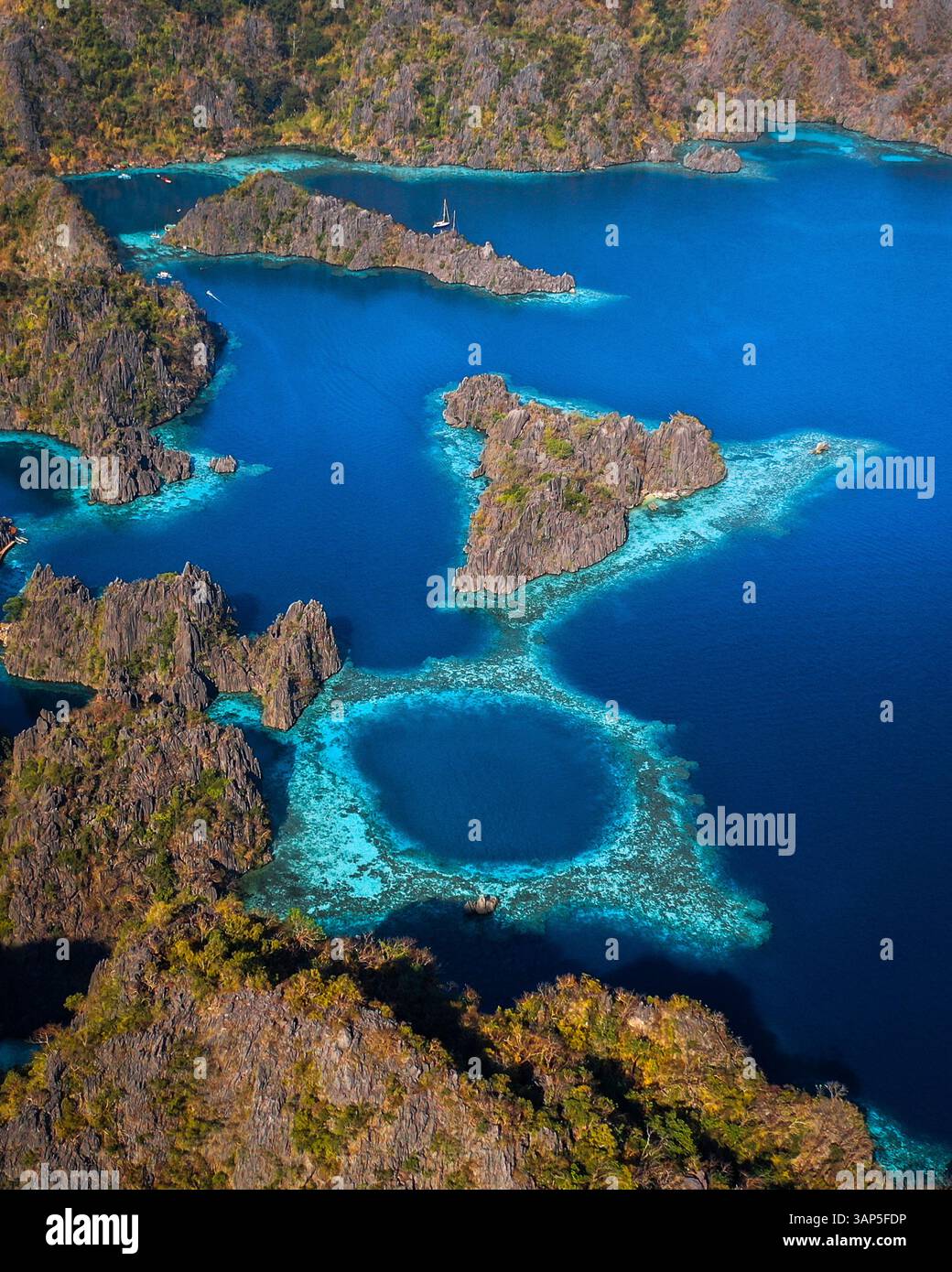 Aerial view of Twin Lagoons on Coron Island, Bayan ng Coron, Palawan ...