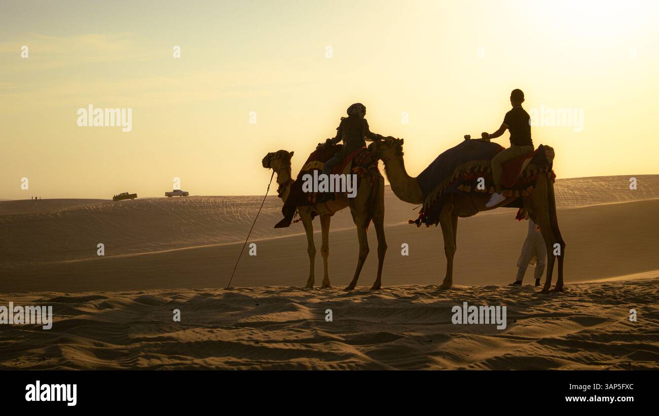 Doha, Qatar, February 24, 2025: A group of people riding camels through ...