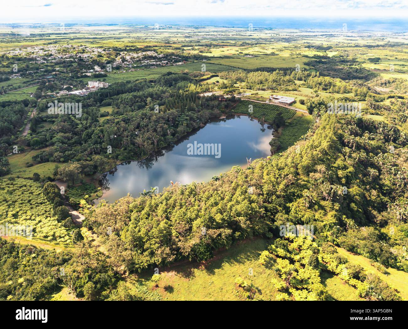 Aerial view of serene lake surrounded by lush forest and tropical ...