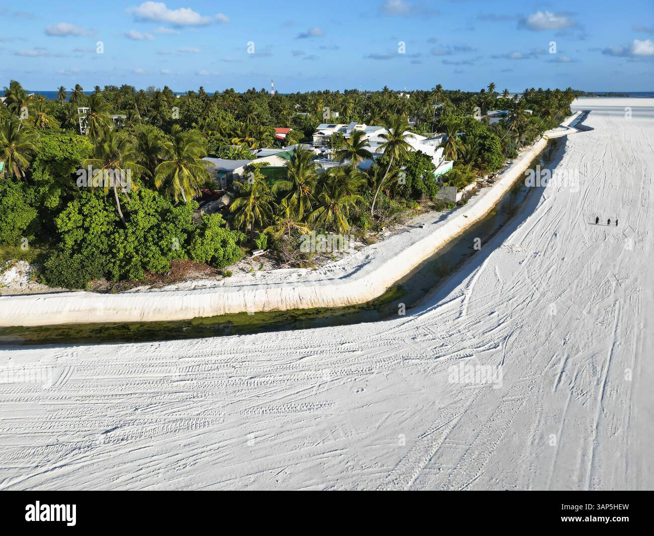 Aerial view of tropical paradise with palm trees, sand, and houses ...