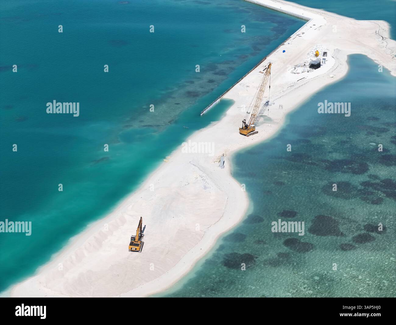 Aerial view of the construction site for an artificial island with ...